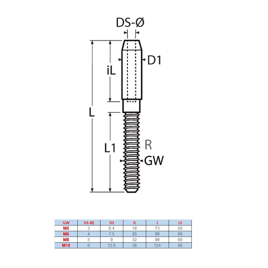 Terminaison longue filetage droite inox A4 à sertir sur câble | Fix In